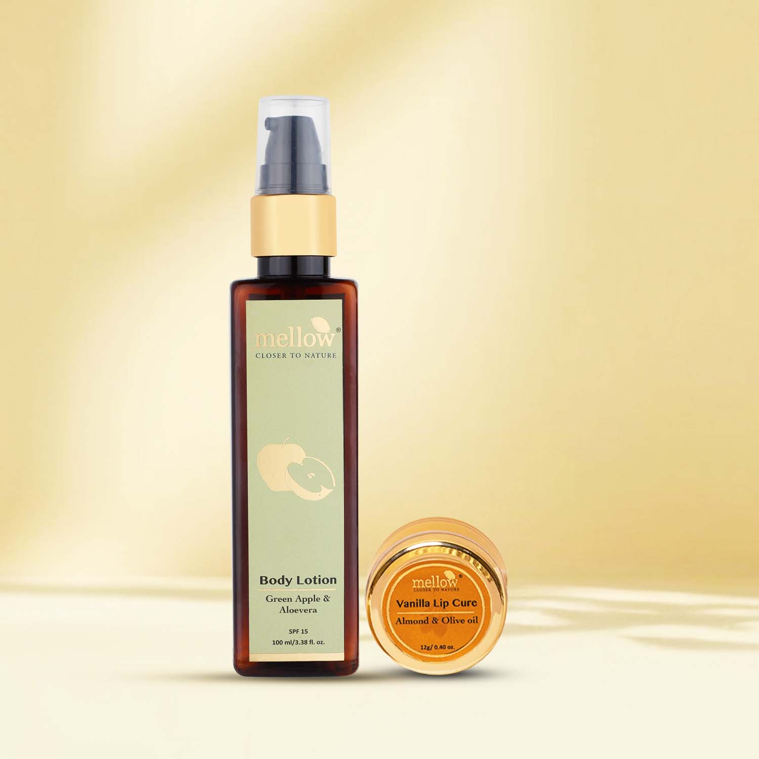 Green Apple body lotion + Vanilla Lip balm – Mellow